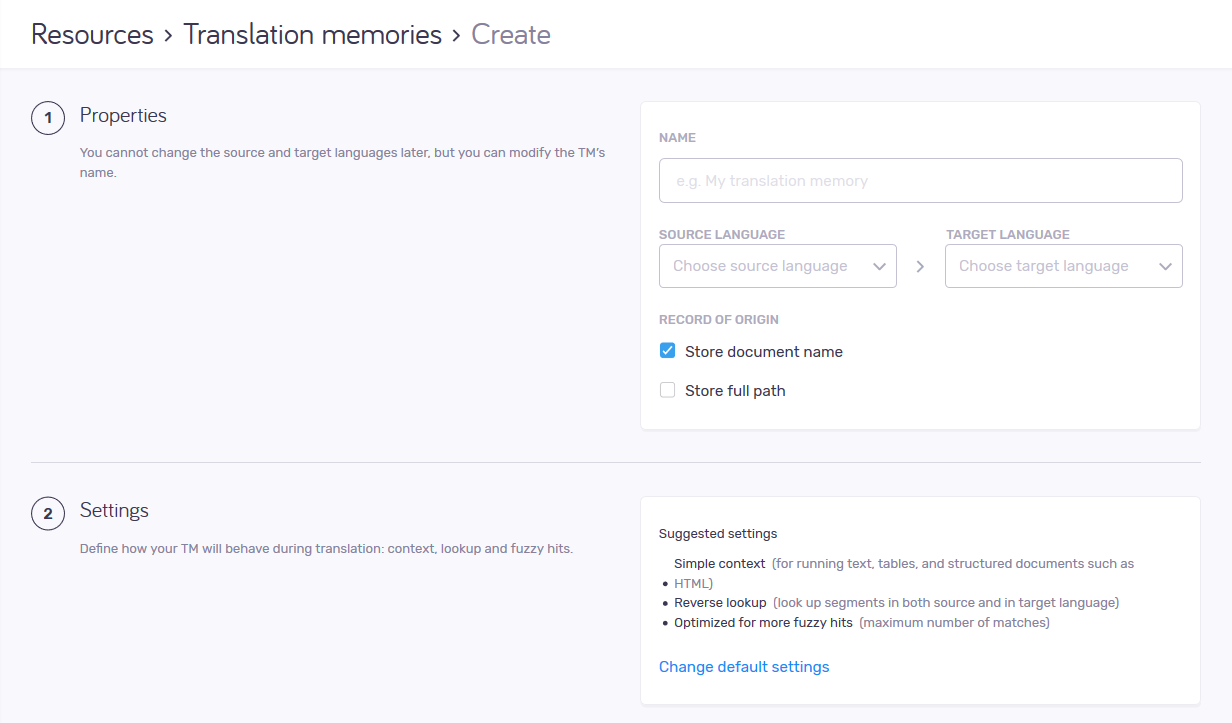 Resources > Translation memories > Create